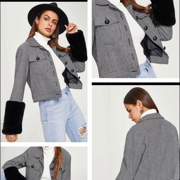 SHEIN | Jackets & Coats | Fuzzy Cuff Herringbone Jacket | Poshmark